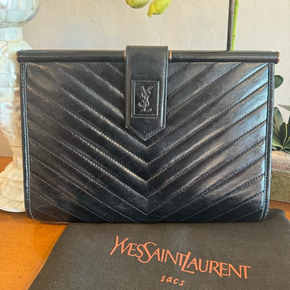 Yves Saint Laurent | Bags | Yves Saint Laurent Ysl Quilted Leather Black Vintage Clutch | Poshmark